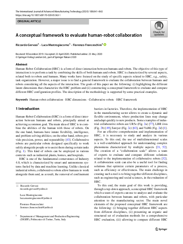 (PDF) A conceptual framework to evaluate human-robot collaboration