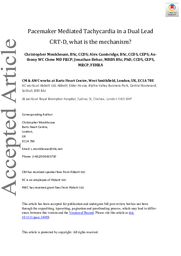 (PDF) Pacemaker‐mediated tachycardia in a dual‐lead CRT‐D: What is the ...