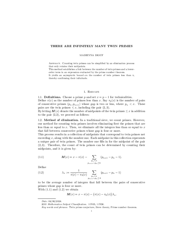 (PDF) THERE ARE INFINITELY MANY TWIN PRIMES | Madieyna Diouf - Academia.edu