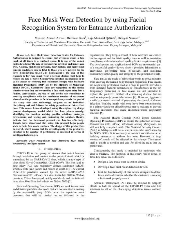 (PDF) Face Mask Wear Detection by using Facial Recognition System for Entrance Authorization