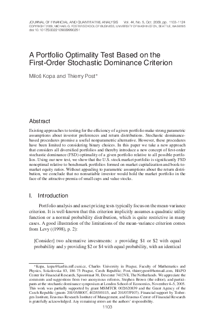 (PDF) A Portfolio Optimality Test Based on the First-Order Stochastic ...
