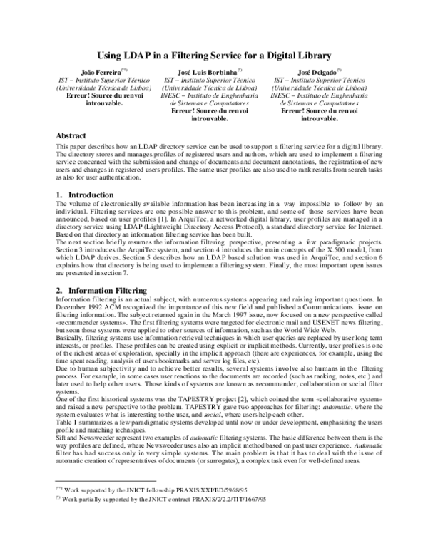 (PDF) Using LDAP in a Filtering Service for a Digital Library