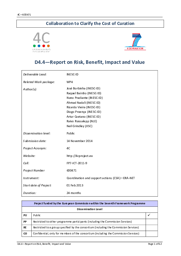 (PDF) D4.4 Report on Risk, Benefit, Impact and Value