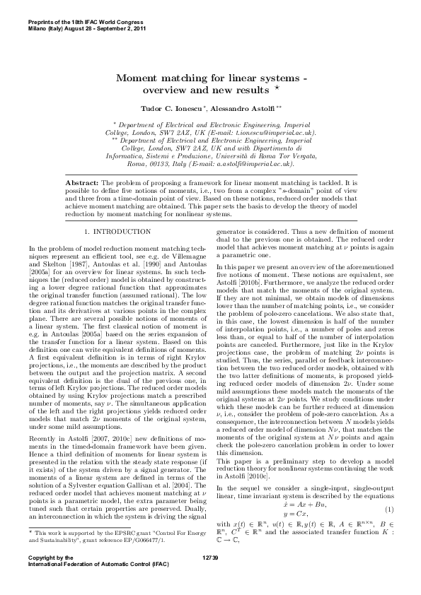 (PDF) Moment Matching for Linear Systems - Overview and New Results