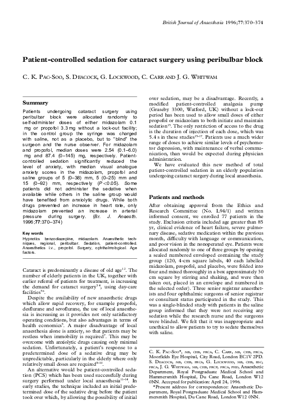(PDF) Patient-controlled sedation for cataract surgery using peribulbar ...