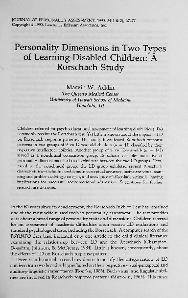 (PDF) Personality dimensions in two types of learning-disabled children