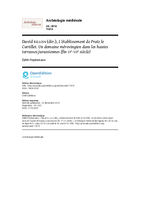 (PDF) David Billoin (dir.), L’établissement de Pratz le Curtillet. Un ...