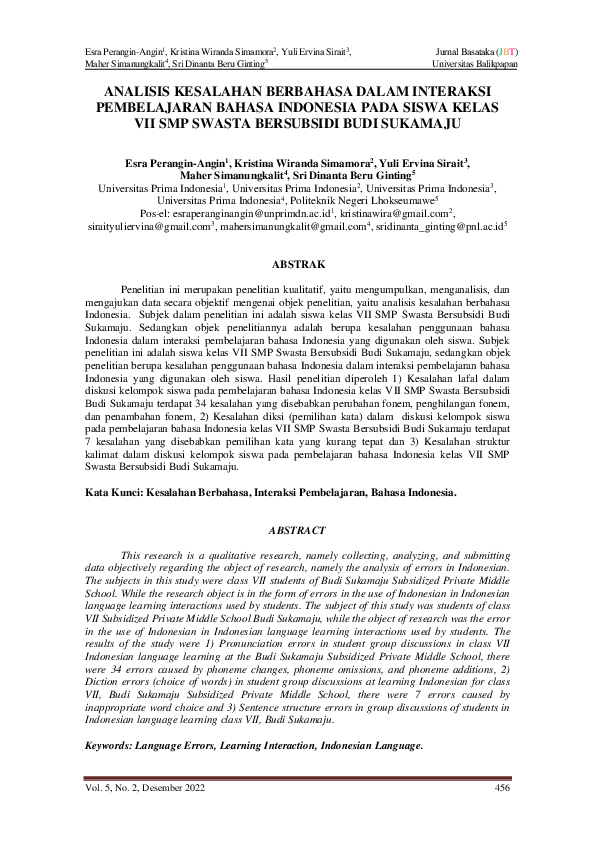 (PDF) Analisis Kesalahan Berbahasa Dalam Interaksi Pembelajaran Bahasa Indonesia Pada Siswa ...