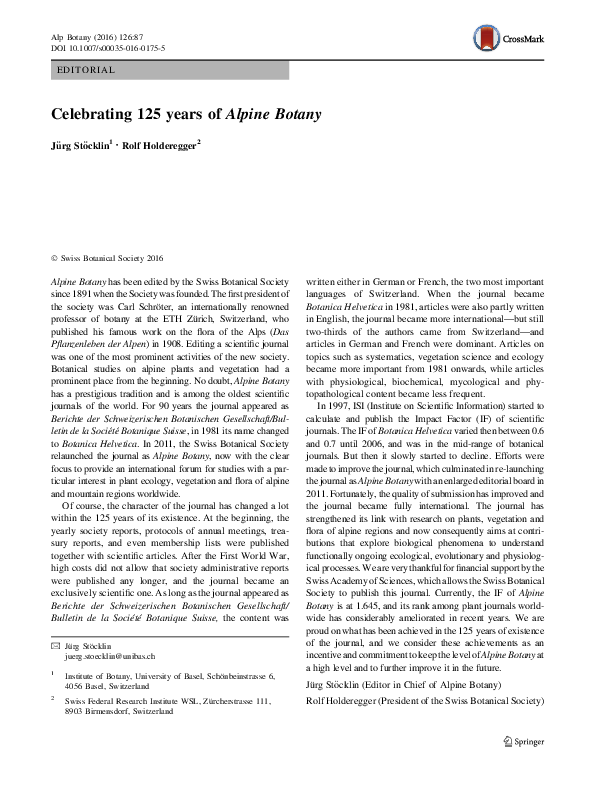 (PDF) Celebrating 125 years of Alpine Botany | Jürg Stöcklin - Academia.edu