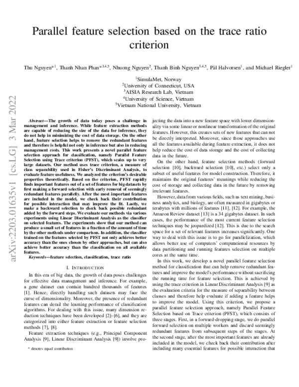 (PDF) Parallel Feature Selection with Trace Ratio for Big Data