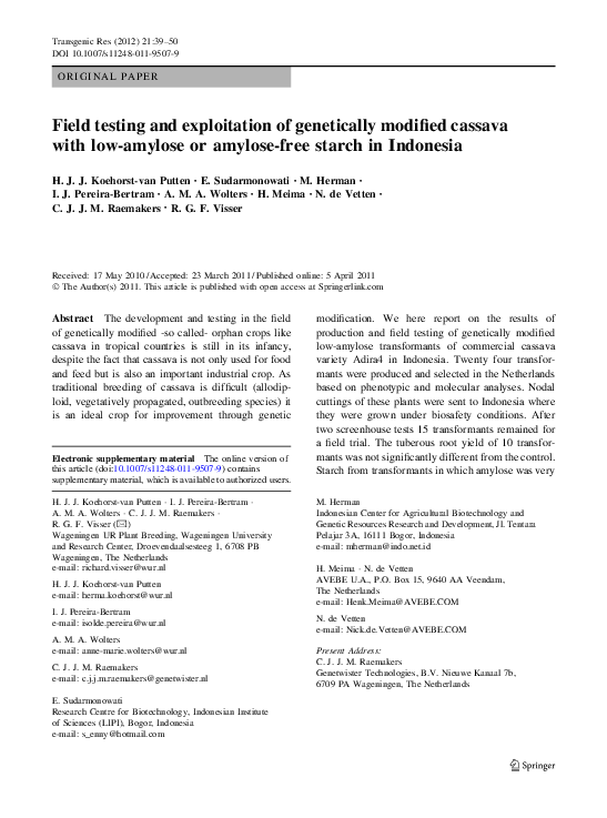 (PDF) Genetically Modified Low-Amylose Cassava Trials