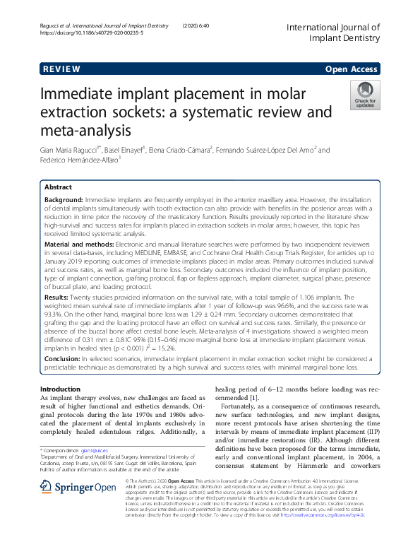 (PDF) Immediate implant placement in molar extraction sockets: a systematic review and meta-analysis