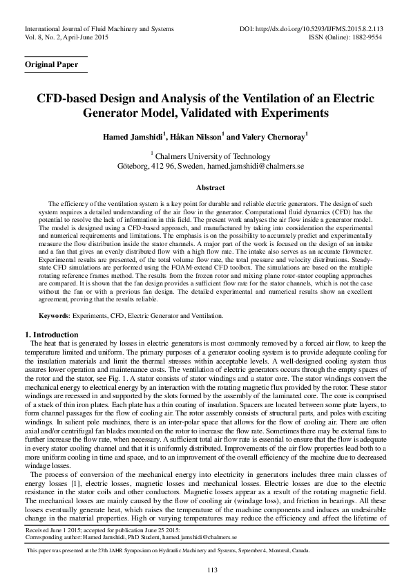 (PDF) CFD-based Design and Analysis of the Ventilation of an Electric Generator Model, Validated ...