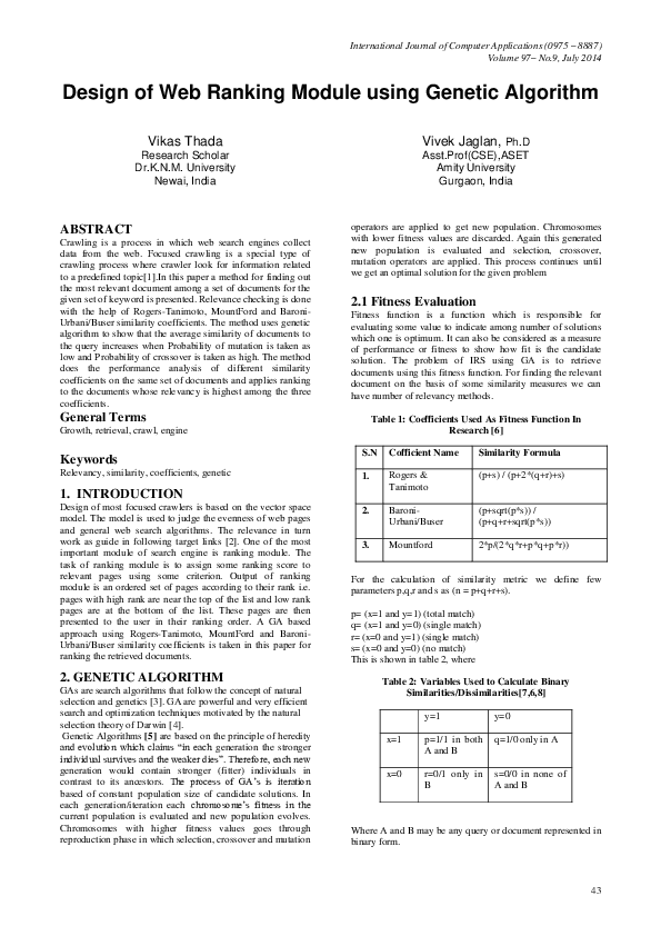 (PDF) Design of Web Ranking Module using Genetic Algorithm