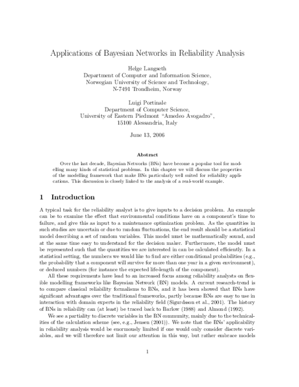 Pdf Applications Of Bayesian Networks In Reliability Analysis