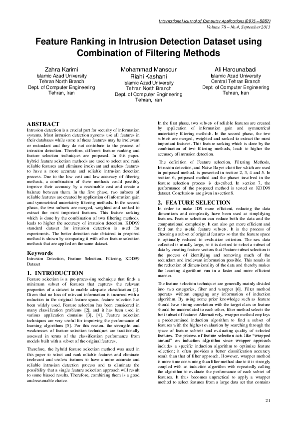 (PDF) Feature Ranking in Intrusion Detection Dataset using Combination ...