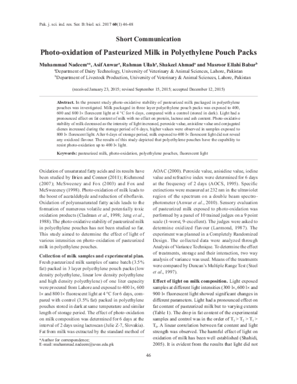 (PDF) Photo-oxidation of Pasteurized Milk in Polyethylene Pouch Packs
