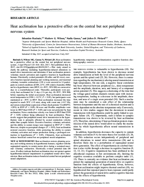 (PDF) Heat acclimation has a protective effect on the central but not ...