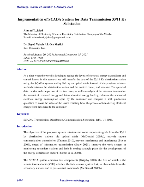 (PDF) Implementation of SCADA System for Data Transmission 33/11 Kv Substation