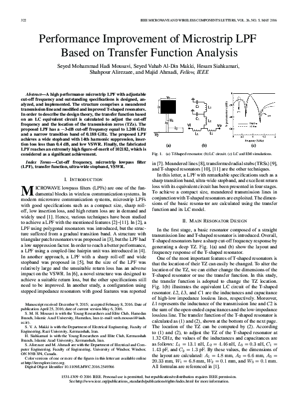 (PDF) Performance Improvement of Microstrip LPF Based on Transfer Function Analysis