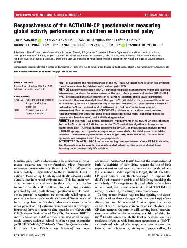 (PDF) Responsiveness of the ACTIVLIM‐CP questionnaire: measuring global ...