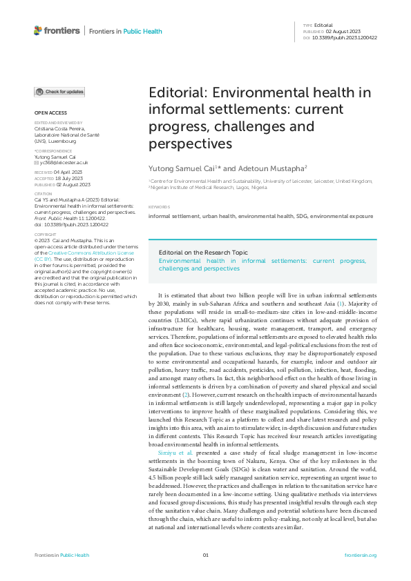 (PDF) Editorial: Environmental health in informal settlements: current progress, challenges and ...