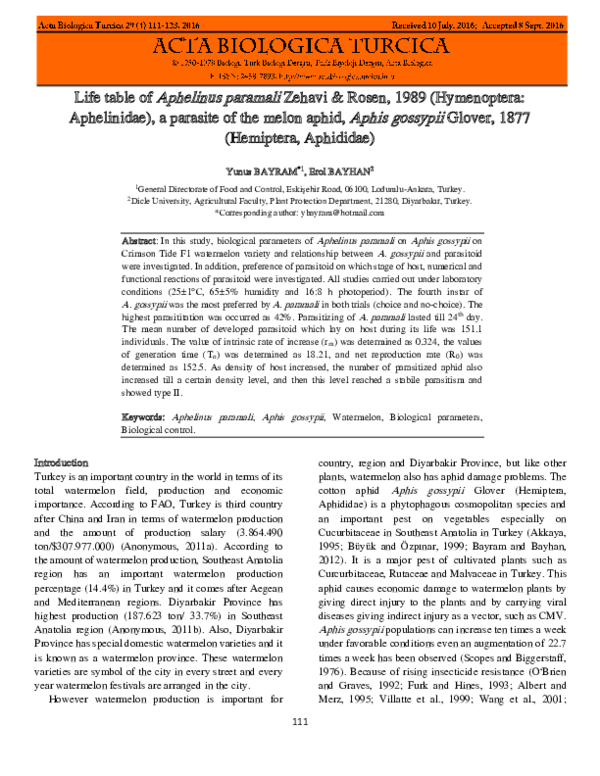 (PDF) Life table of Aphelinus paramali Zehavi & Rosen, 1989 ...