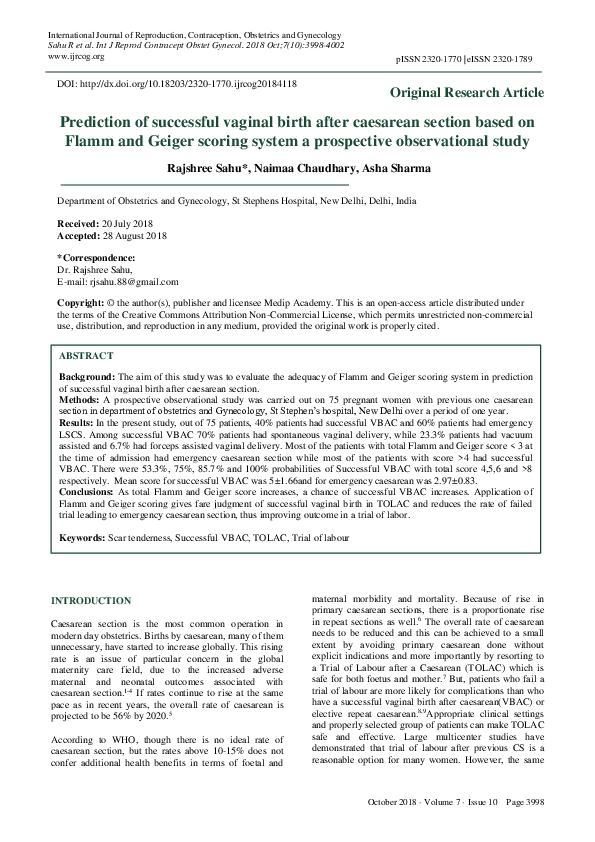 (PDF) VBAC Success Prediction Using Flamm & Geiger Score