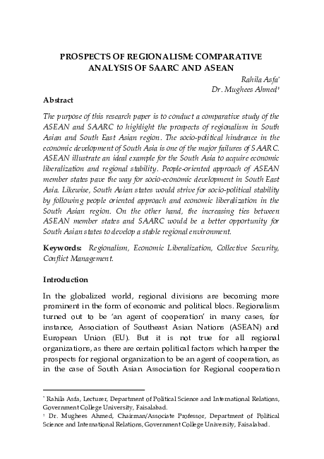 (PDF) Comparing SAARC and ASEAN: Regionalism Prospects