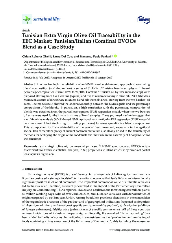(PDF) Tunisian Extra Virgin Olive Oil Traceability in the EEC Market: Tunisian/Italian (Coratina ...