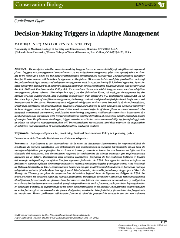 (PDF) Decision‐Making Triggers in Adaptive Management