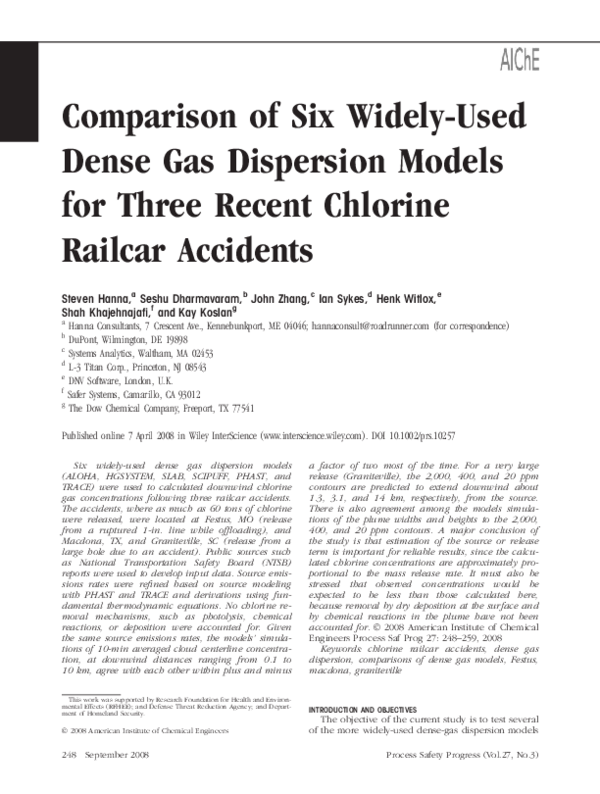(PDF) Comparison of six widely‐used dense gas dispersion models for ...