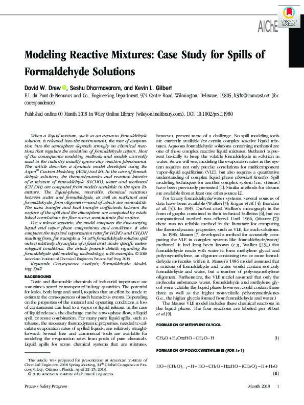 (PDF) Modeling Reactive Mixtures: Case Study for Spills of Formaldehyde Solutions