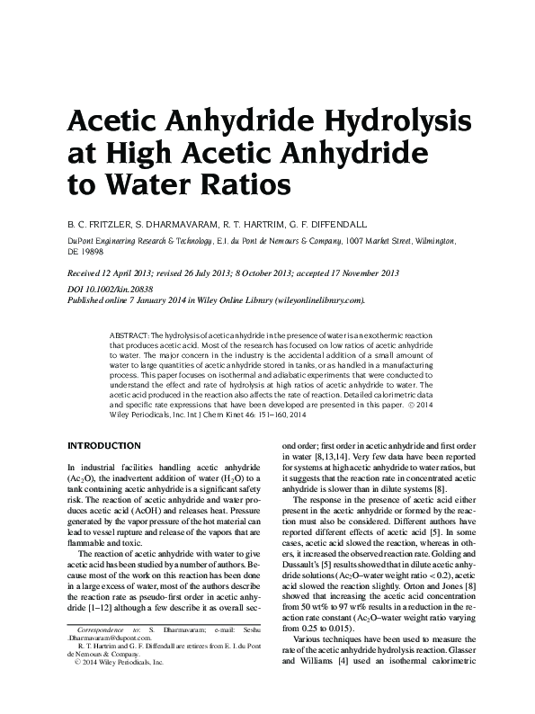 (PDF) Acetic Anhydride Hydrolysis at High Acetic Anhydride to Water Ratios