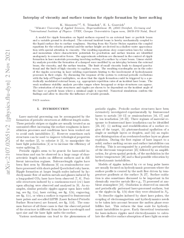 (PDF) Interplay of viscosity and surface tension for ripple formation by laser melting