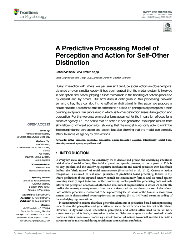 (PDF) A Predictive Processing Model of Perception and Action for Self-Other Distinction