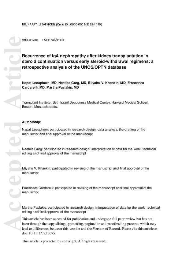 (PDF) Recurrence of IgA nephropathy after kidney transplantation in steroid continuation versus ...