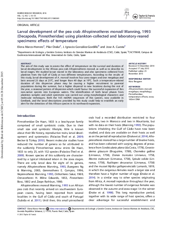 (PDF) Larval development of the pea crabAfropinnotheres monodiManning ...