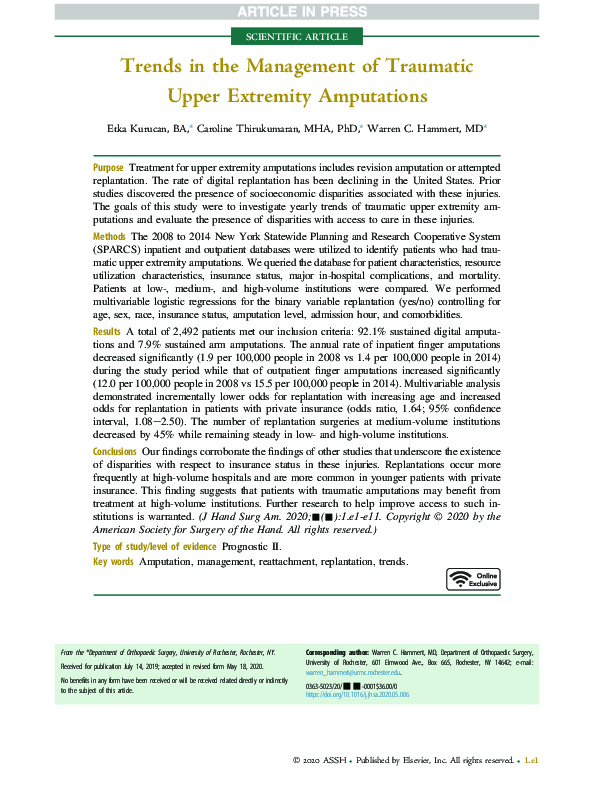 (PDF) Trends in the Management of Traumatic Upper Extremity Amputations