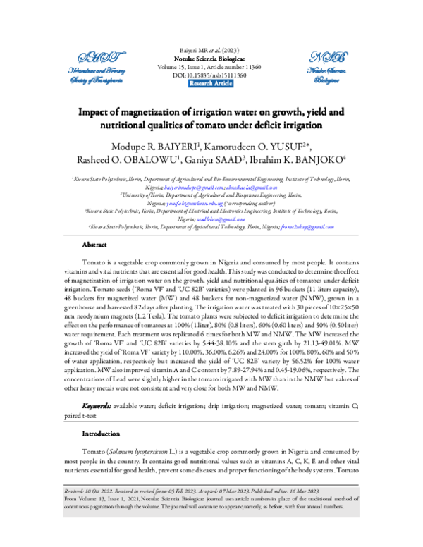 (PDF) Impact of magnetization of irrigation water on growth, yield and ...