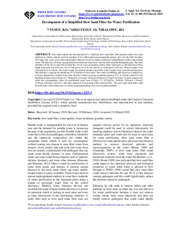 (PDF) Development of a simplified slow sand filter for water purification