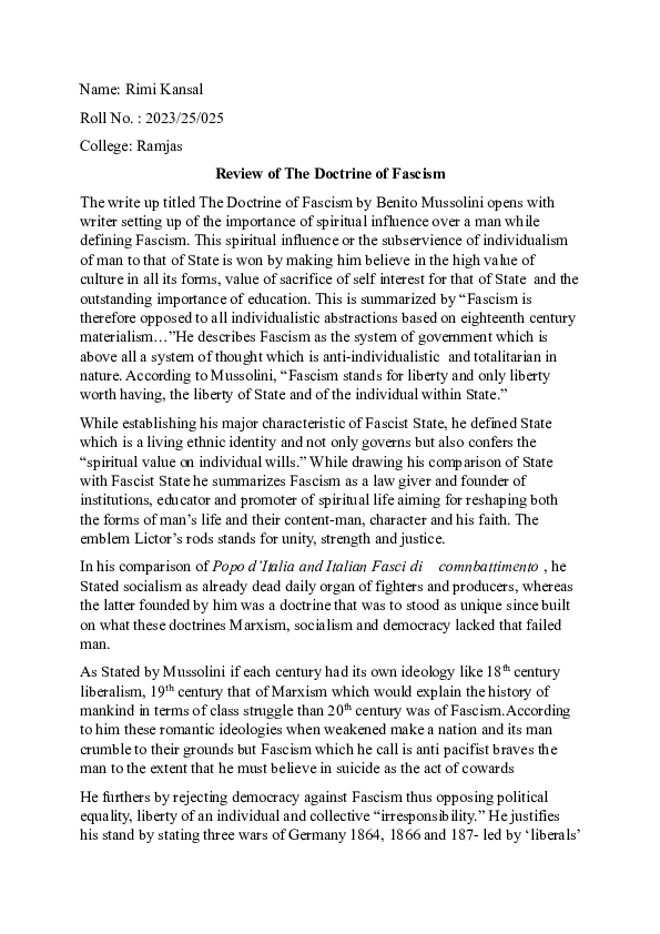 (PDF) Review of Doctrine of Fascism by Benito Mussolini