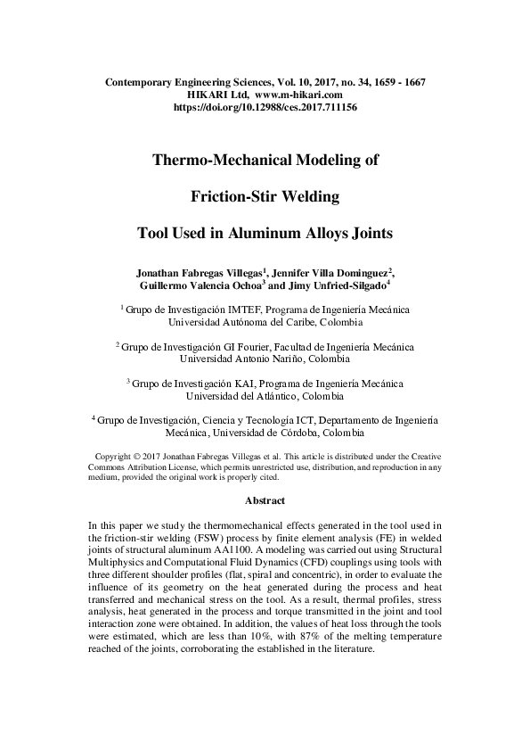 (PDF) Thermo-mechanical modeling of friction-stir welding tool used in aluminum alloys joints