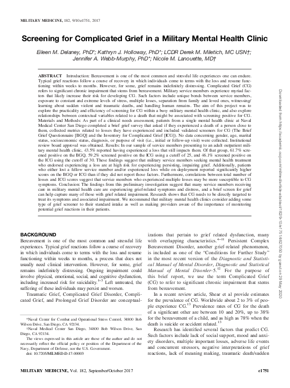 (PDF) Screening for Complicated Grief in a Military Mental Health ...