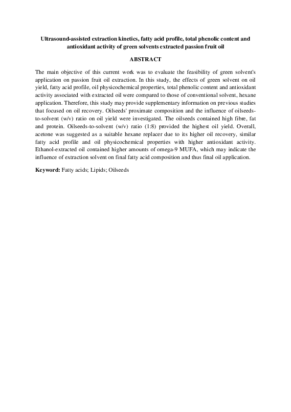 (PDF) Ultrasound-assisted extraction kinetics, fatty acid profile, total phenolic content and ...