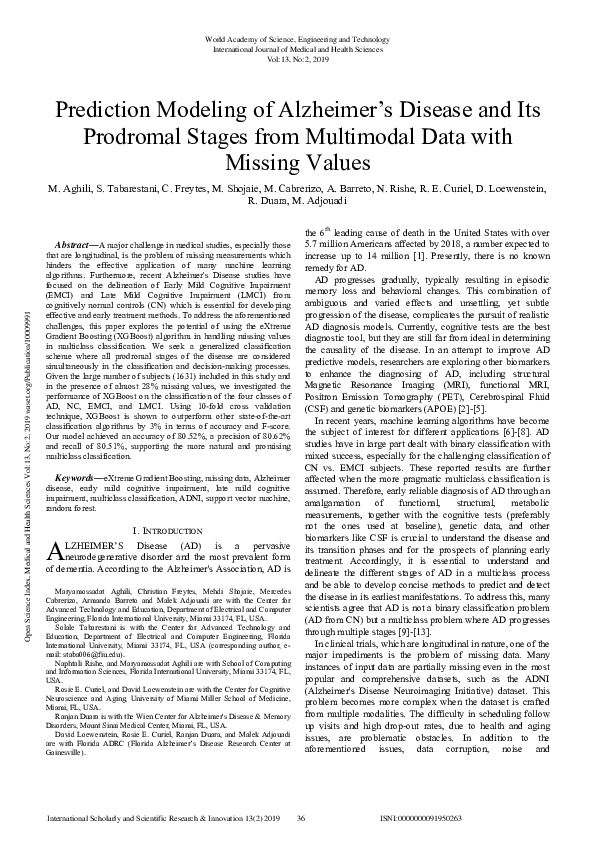 (PDF) Prediction Modeling of Alzheimer's Disease and Its Prodromal Stages from Multimodal Data ...