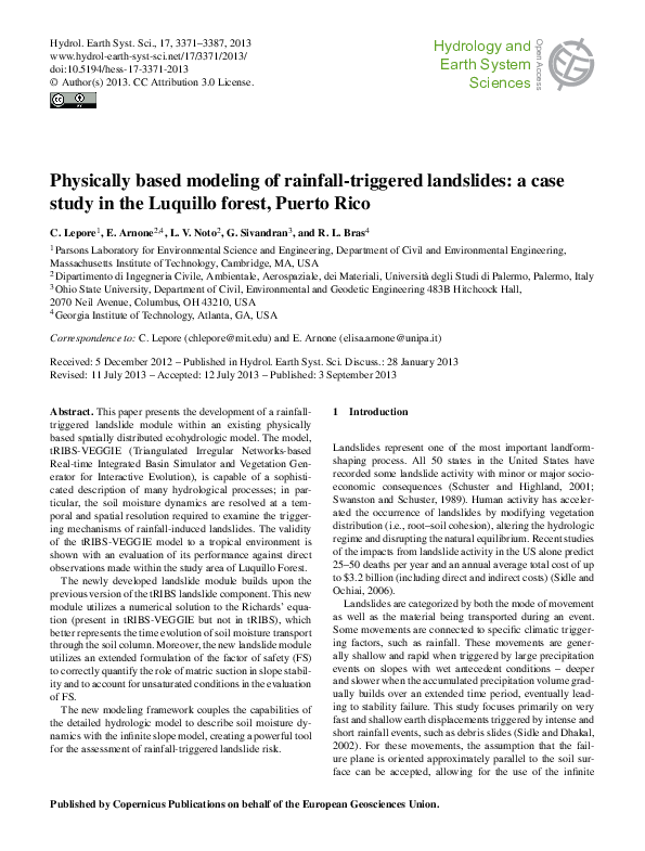 (PDF) Physically based modeling of rainfall-triggered landslides: a case study in the Luquillo ...