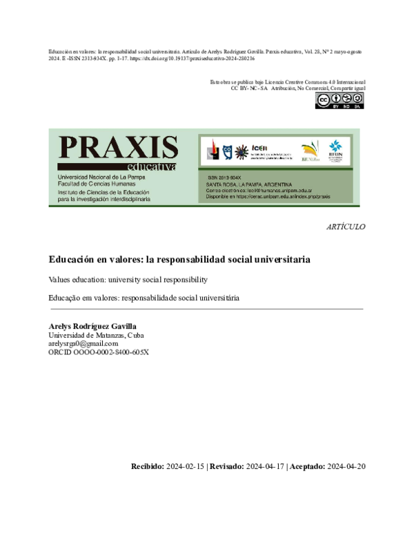 (PDF) Educación en valores: la responsabilidad social universitaria