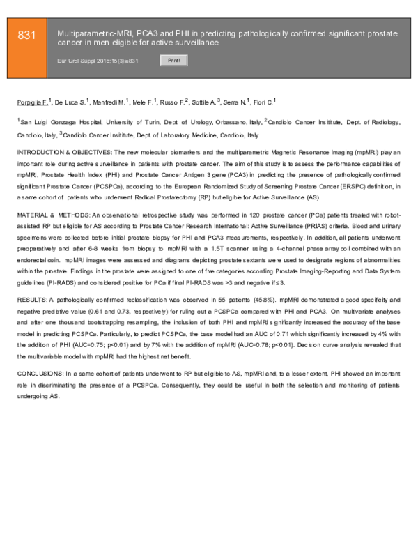 (PDF) 831 Multiparametric-MRI, PCA3 and PHI in predicting pathologically confirmed significant ...