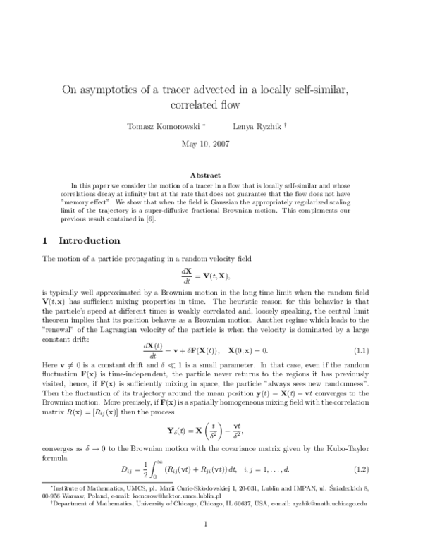 (PDF) On asymptotics of a tracer advected in a locally self-similar, correlated flow